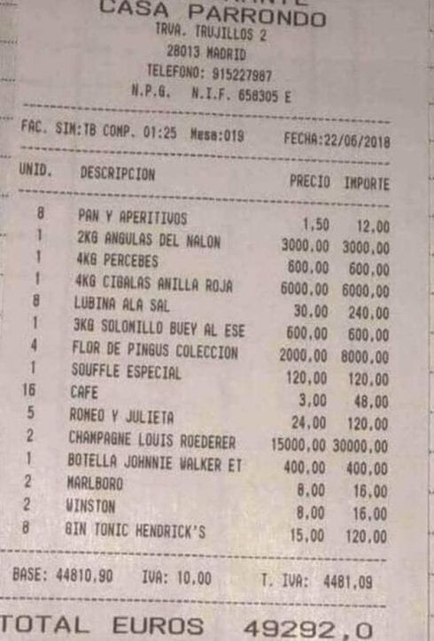 EXPENSIVE TASTE: €50,000 restaurant bill goes viral in Spain - Olive ...