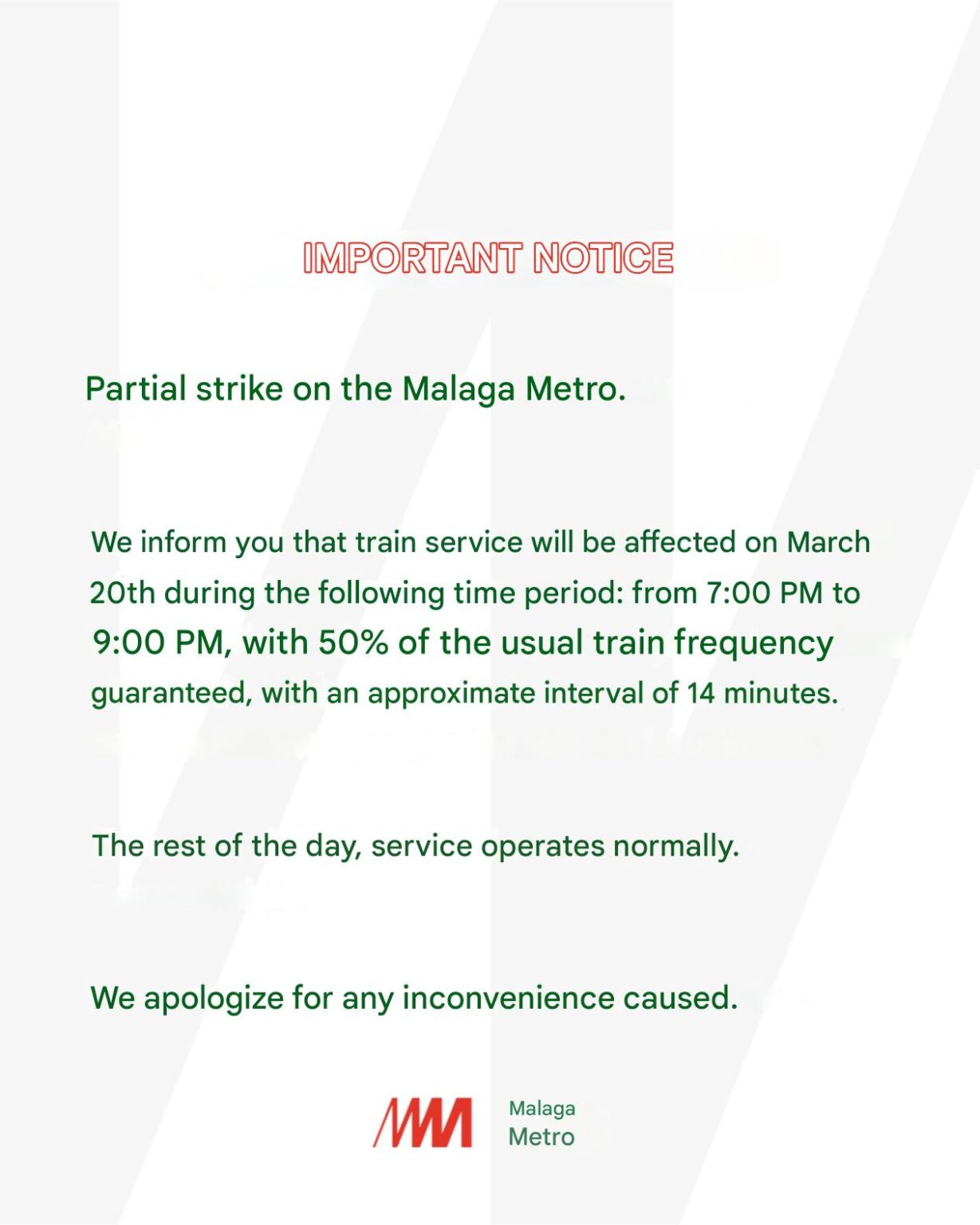 Metro services Malaga cut in half on Friday during strike